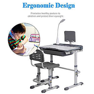 SMAGREHO Kids' Desk and Chair Set, Height Adjustable Child's School Study Writing Tables with Tilt Desktop, LED Light, Storage Drawer, Book Stand(Grey)