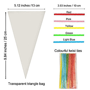 100pcs Sweet Cone Bags 25x13cm with 100pcs Coloured Dot Twist Ties, Clear Cellophane Bags for Baking, Candy, Cookie, Displaying, Wrapping (25x13cm)