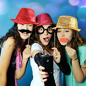 10 Pcs Unisex Sequin Fedora Hat Sequin Bow Ties Set Bling Retro Dance Jazz Cap Funky Party Costume Fedora (Large, 5Pack Black)