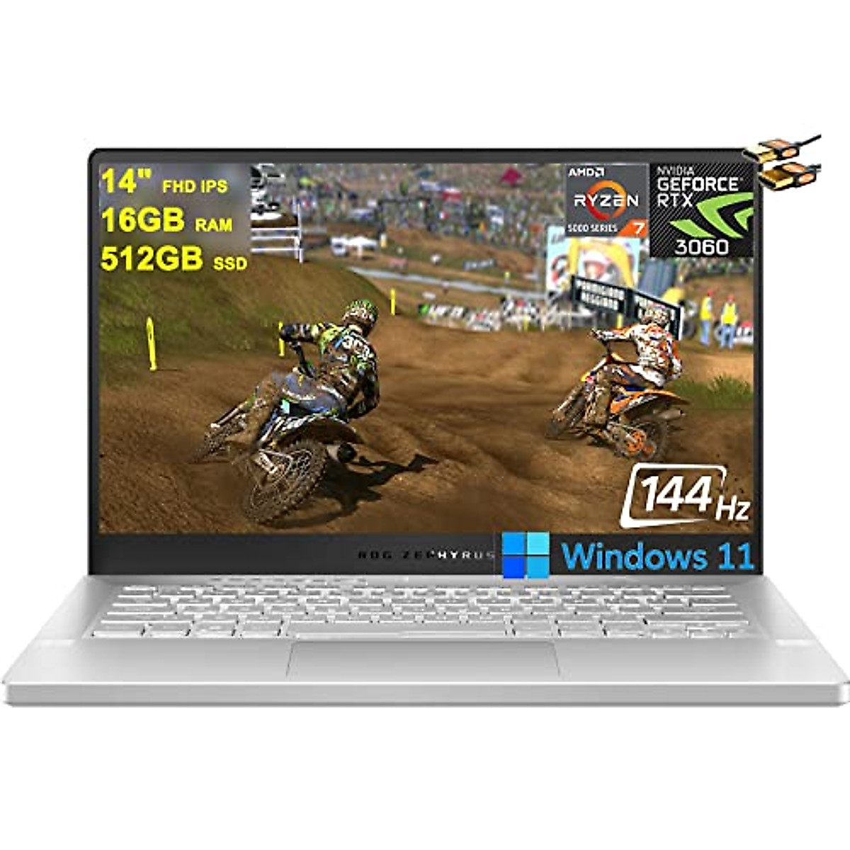 Asus ROG Zephyrus G14 Gaming Laptop 14" FHD IPS 144Hz Display AMD Ryzen 5000 Series Octa-Core Ryzen 7 5800HS (Beats i7-11370H) 16GB RAM 512GB SSD GeForce RTX 3060 6GB Backlit USB-C Win11 + HDMI Cable