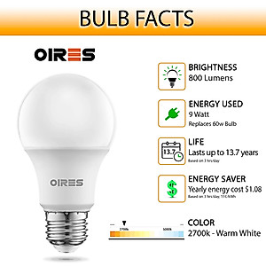 OIRES 60W Equivalent LED Light Bulb 800 Lumens A19 Shape Bulbs 2700K Warm White Non-Dimmable UL Listed 9 Watt E26 Base Suitable for use in Enclosed Fixtures & Damp Locations - 6 Pack
