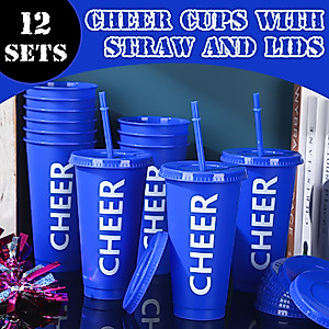 Layhit Cheer Teams Gifts Cheer Tumbler Cups Bulk 24 oz Reusable Cheer Plastic Tumbler with Straw and Lid Cheer Water Bottles for Team(Blue,12 Sets)