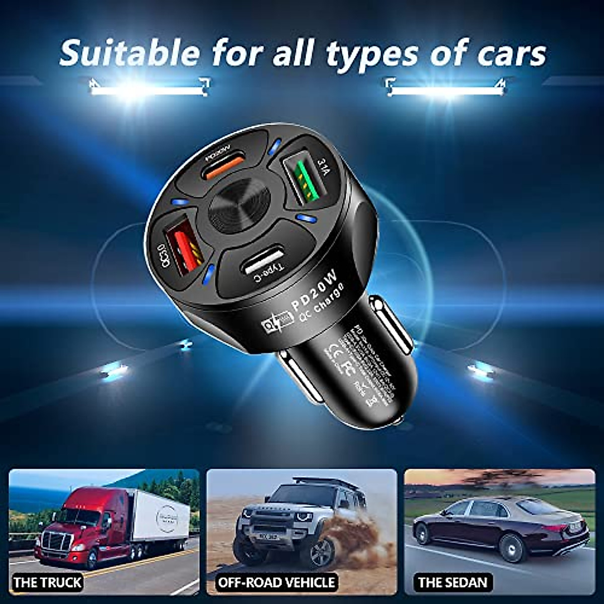 Car Charger Adapter,4 Ports USB Fast Car Charger QC3.0/PD20W/Type-c/2.1A, Smart Shunt Car Phone Charger Compatible iPhone 14 13 12 Pro Max/All Smart Phones (Black)