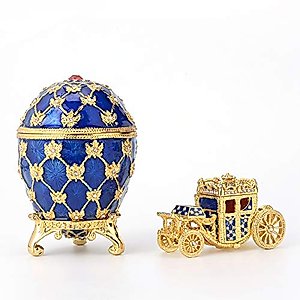 QIFU Vintage Blue Faberge Egg Style Jewelry Trinket Box with Mini Royal Carriage, Unique Gift for Easter Collection
