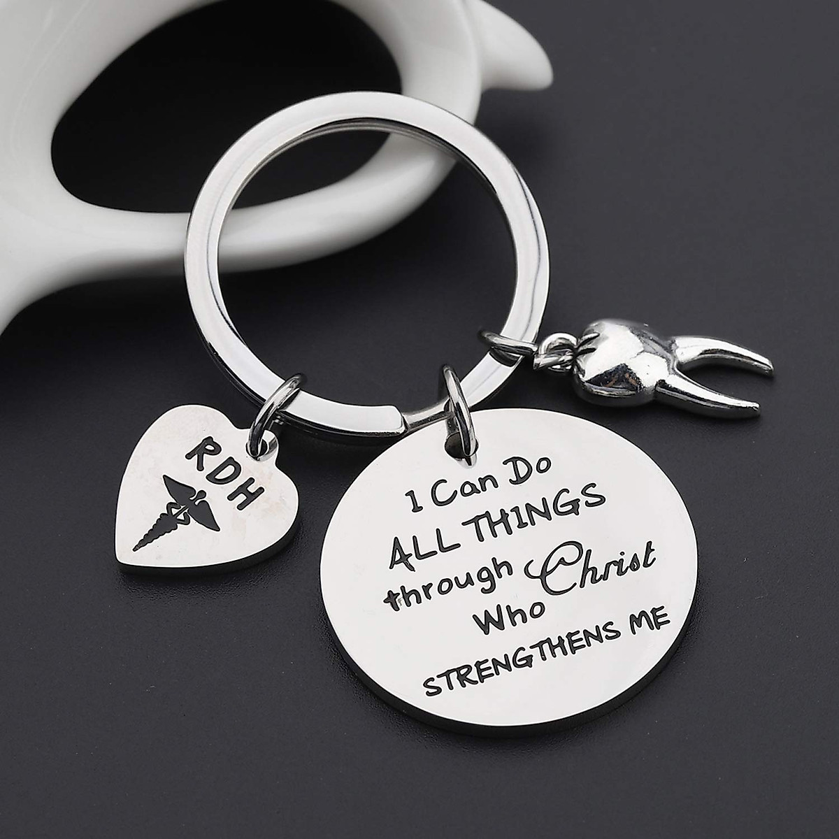 LQRI Dentist Gift Registered Dental Hygienist Gift I Can Do All Things Through Christ Who Strengthens Me Keychain Dental Jewelry Dentist Retirement Gift RDH Graduation Gift (sliver)