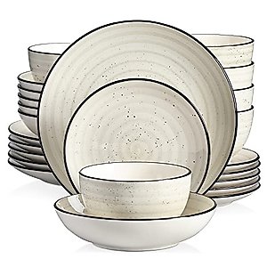 vancasso Stoneware Dinnerware Set 24 Pieces, Bonbon Beige Dinner Set Handpainted Spirals Pattern Stoneware Combination Set with Dinner Plate Dessert Plate Soup Plate Bowl, Service for 6