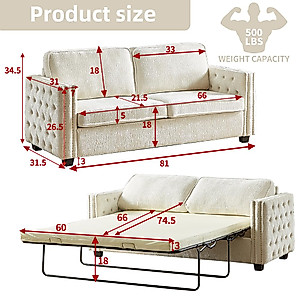 MT EDITION Pull Out Couch with Memory Foam Mattress, Sleeper Sofa, Convertible Sofa Bed Designed with Chenille Fabric, 3-Seater Full Size Loveseat Bed Couch for Living Rooms (B-Beige)