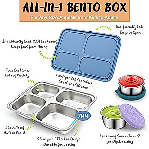 Bento Lunch Box Stainless Steel Lunch Container for Kids, Reusable 4Compartments Metal Lunch Boxes Leakproof Food Meal Prep Lunch Containers for Kids,2P Dip Containers,Dishwasher,Freezer Safe,BPA-Free