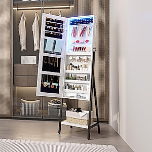 LVSOMT 3 LEDs Mirror Jewelry Cabinet, 42.5" Jewelry Mirror with Full Lenght Mirror, Standing Jewelry Mirror Armoire, Mirror with Storage for Jewelry Cosmetics, White