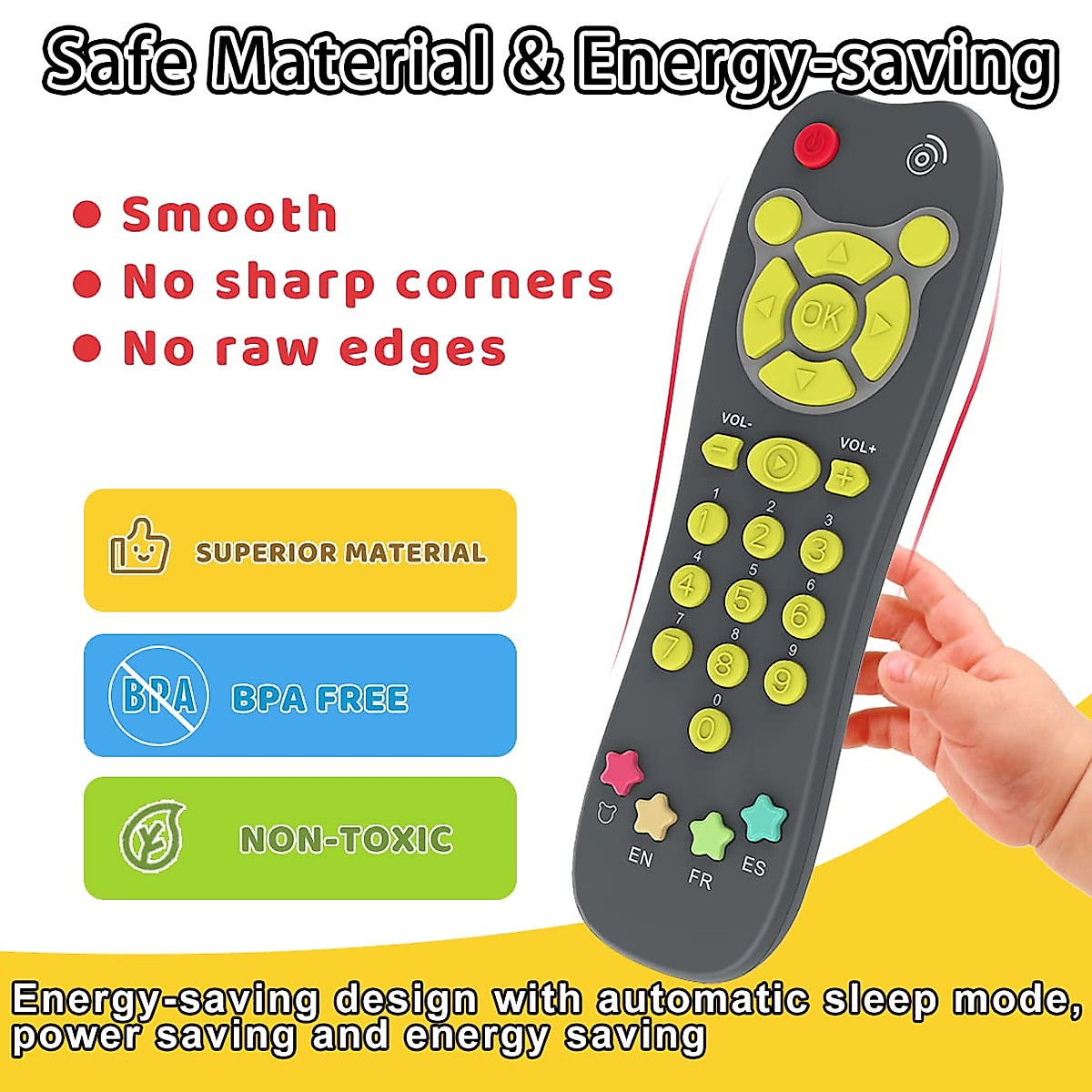 Baby Remote Toy, Toddlers TV Remote Control Toy Kids Realistic Play Remote Early Educational Baby Musical Toys with Light and Sound English French Spanish for Proshool Boys Girls 6 Month+, Gray