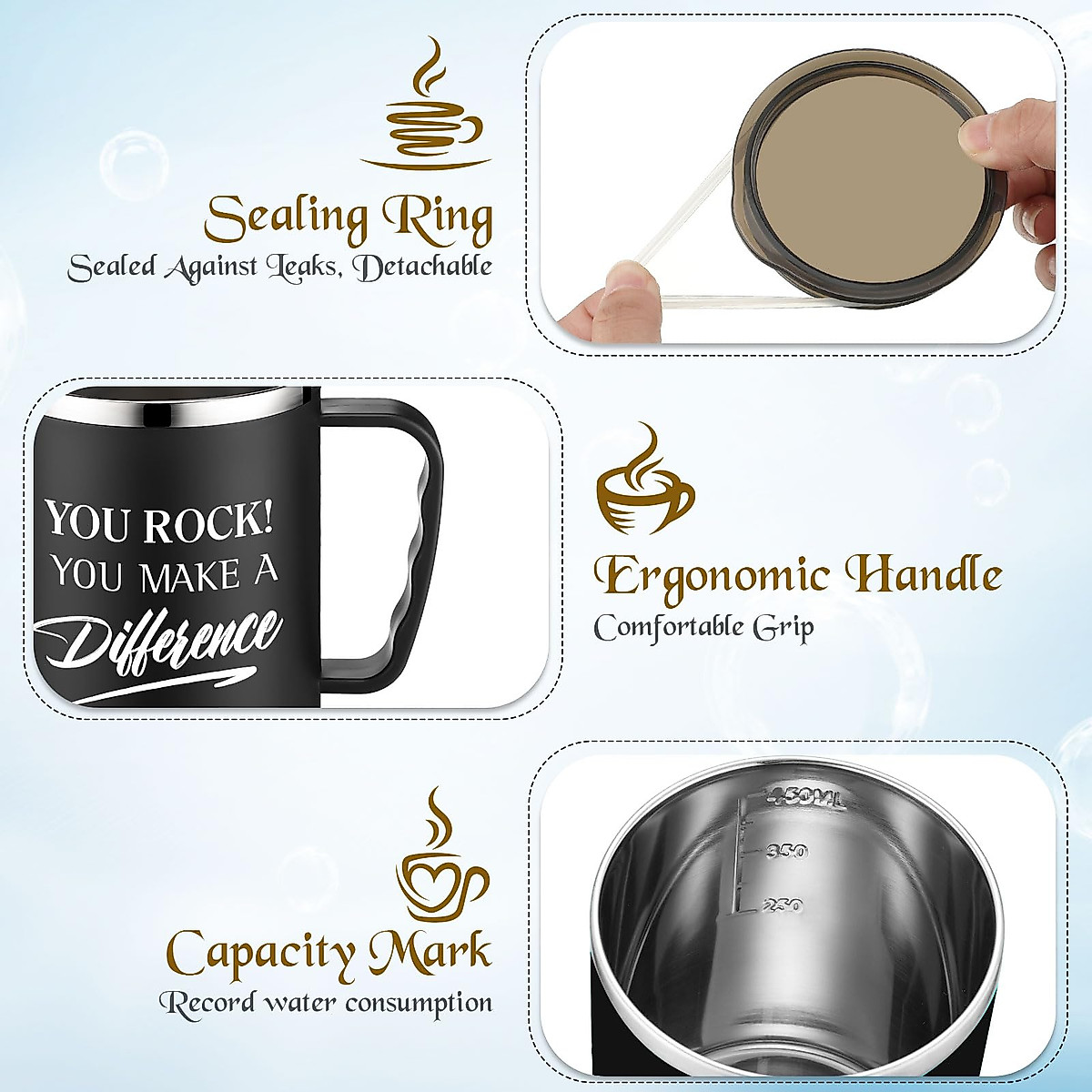 Sumind Thank You Employee Appreciation Gifts 17 oz Inspirational Stainless Steel Coffee Mugs with Handle Lid Straw for Thanksgiving Christmas Staff Coworker Teacher Gifts(Black,6 Pcs)