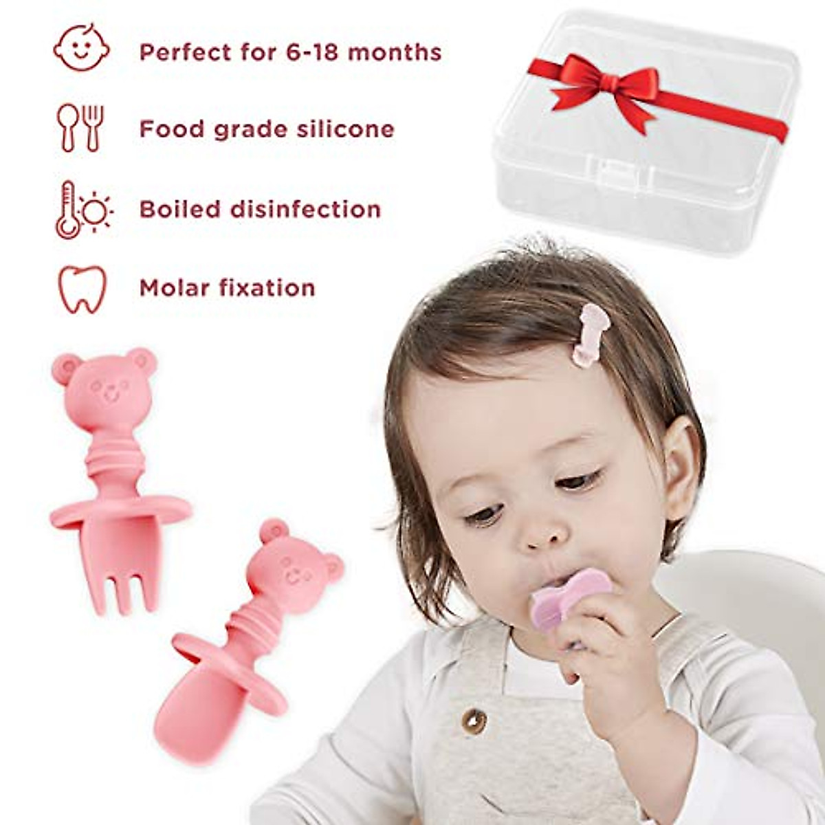 Baby Fork and Spoon Set, Silicone Self Feeding Utensil Easy Grip Toddler Cutlery Kit with Carry Case BPA-Free Anti-Choke for Infant Toddler Children First Led Training Weaning, 6-12 Month (Pink)