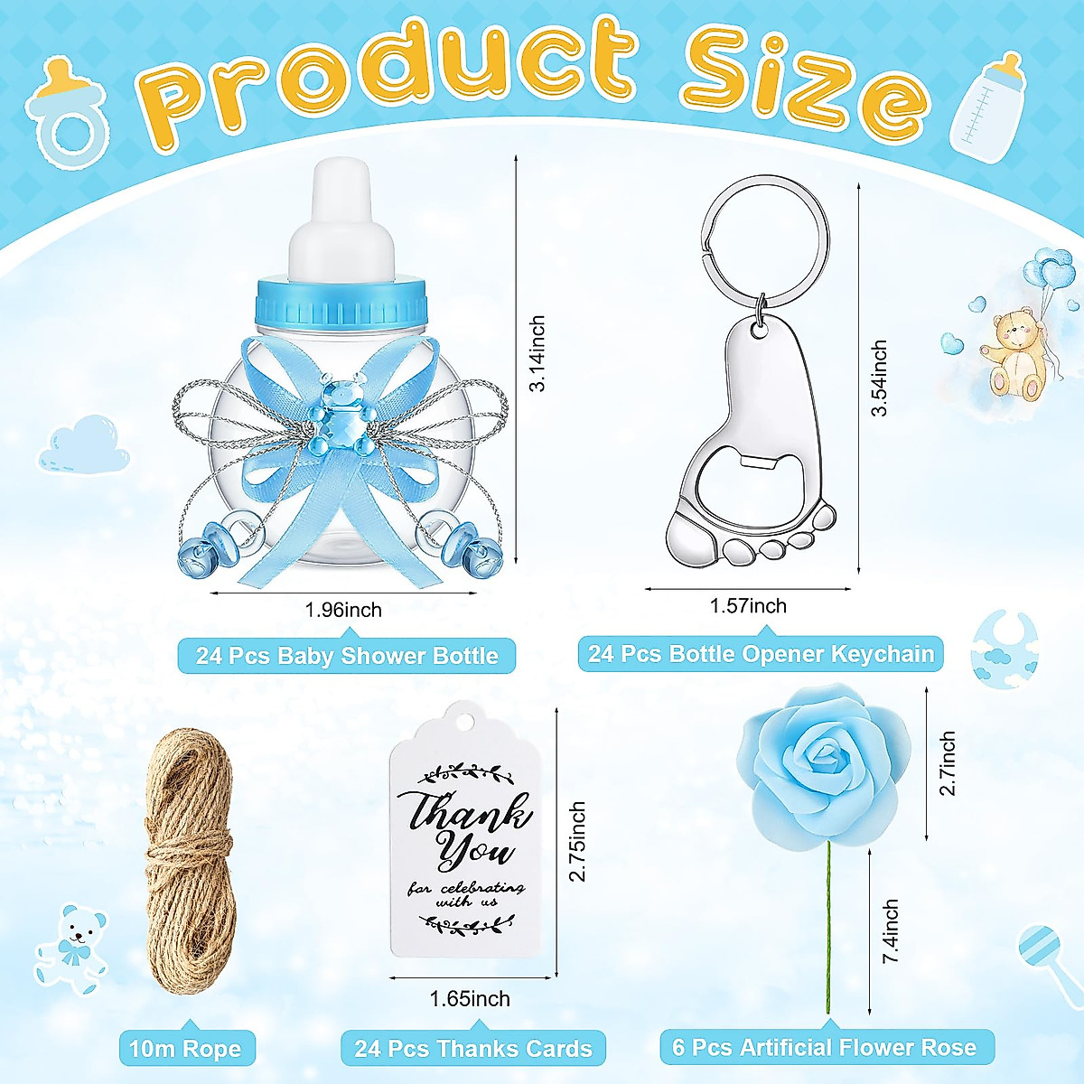 Suttmin 78 Pcs Baby Bottle Party Favors for Baby Shower 24 Mini Candy Bottles 24 Baby Footprint Bottle Openers 24 Thank Tags 6 Rose Flower for Boy Girl Baby Shower Party Decor(Blue, Silver)