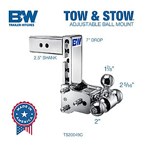 B&W Trailer Hitches Chrome Tow & Stow Adjustable Trailer Hitch Ball Mount - Fits 2.5" Receiver, Tri-Ball (1-7/8" x 2" x 2-5/16"), 7" Drop, 14,500 GTW - TS20049C