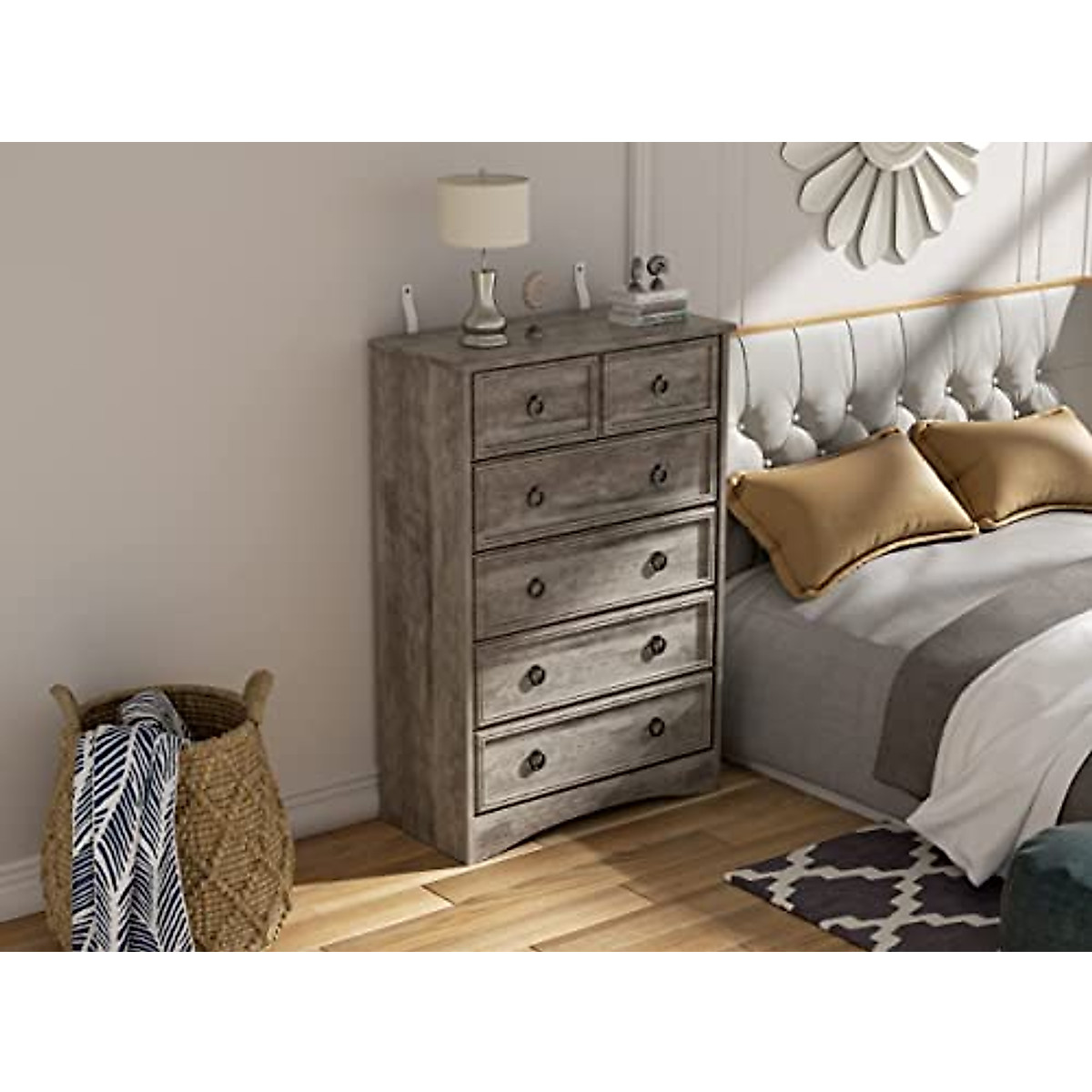 Modern 6 Drawer Dresser, Dressers for Bedroom, Tall Chest of Drawers Closet Organizers and Storage for Clothes - Easy Pull Handle, Textured Borders Drawers for Living Room, Bedroom, Hallway, Gray Wash