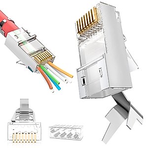 JODROAD Shielded RJ45 Cat6A Cat7 Pass Through connectors - 3 Prong 8P8C 50U Gold Plated 2-Piece Pass-Thru Modular Data Plug for FTP/STP Cable & solid wire (30 Pack)