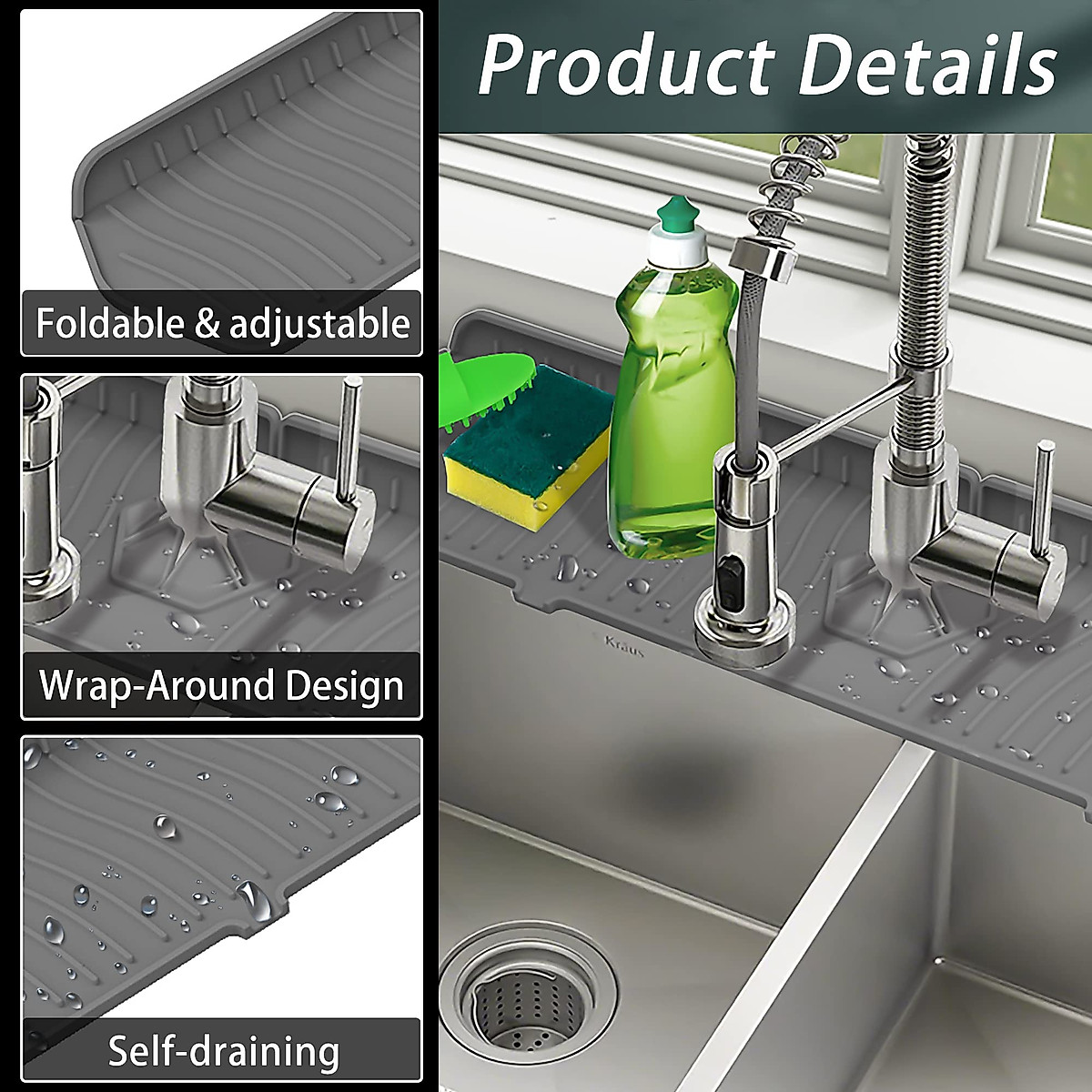 24 inches Extended Size Silicone Faucet Sink Splash Silicone Faucet Mat Drying Mat for Home Kitchen (Grey)