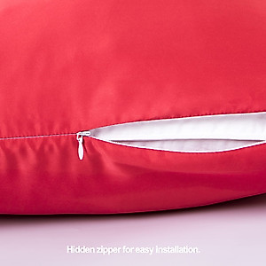 FLXXIE 2 Pack Zipped Satin Standard Pillowcases for Hair and Skin, Silky and Super Soft (20"x26") Zippered Satin Pillow Cases, Red, 20x26 Inches