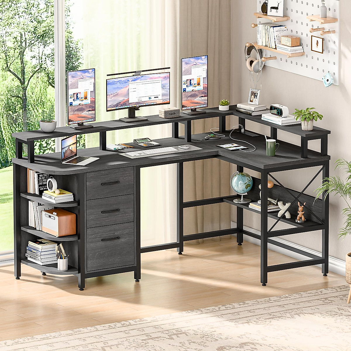 Vabches 67" L Shaped Computer Desk with LED Lights and Power Outlets, Reversible L Shaped Gaming Desk with 3 Drawers Hutch Monitor Stand, Home Office Desk with USB Port