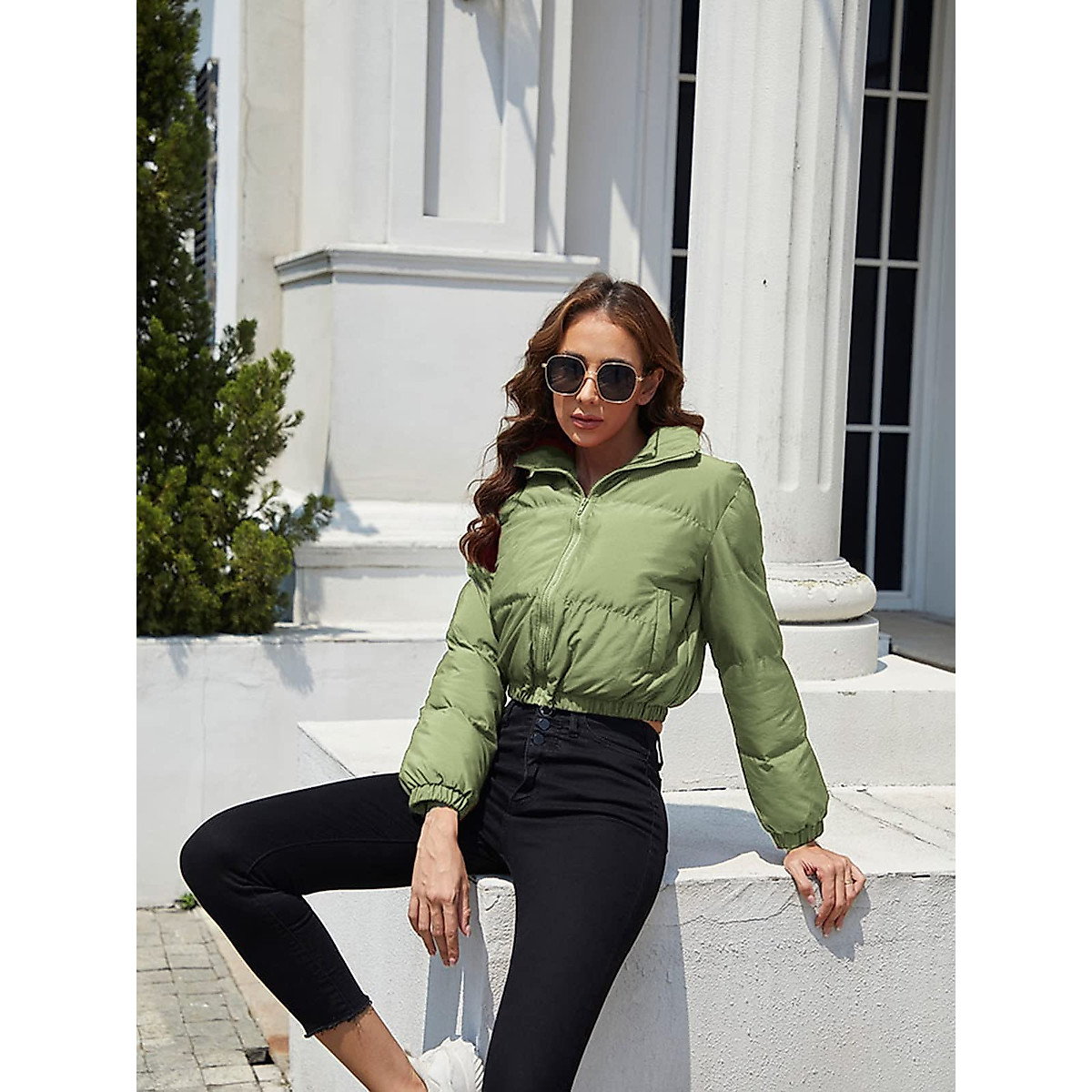 Alunzoem Womens Winter Jacket Long Sleeve Stand Collar Cropped Down Coat Outerwear Green XL