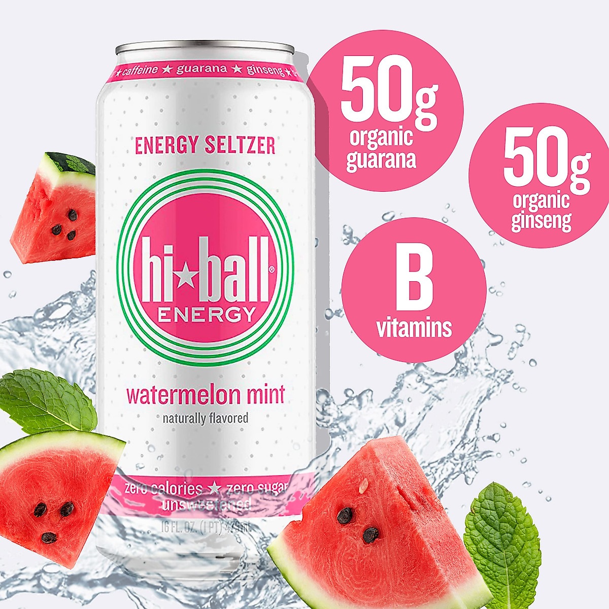 Hiball Energy Seltzer Water, Caffeinated Sparkling Water Made with Vitamin B12 and Vitamin B6, Sugar Free ,16 Fl Oz (Pack of 8), Watermelon