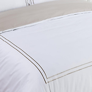 Majestic Giftware Madison Linen 6-Piece Queen Size Duvet Bedding Set (BL51-Q-3) | Flora Hotel Collection-White-Taupe Embroidery 400 TC Cotton Sateen | 1 Fitted Sheet, 1 Duvet, 4 Pillowcases