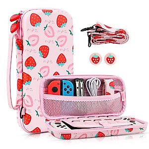 FANPL Carrying Case for Nintendo Switch and Switch OLED Accessories, Pink Strawberry Travel Case Bundle with Adjustable Shoulder Strap, Thumb Grips, Hard Switch Protective Case Cover Anti-scratch