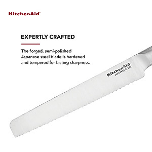 KitchenAid Gourmet Forged Triple-Rivet Serrated Bread Knife with Custom-Fit Blade Cover, 8-inch, Sharp Kitchen Knife, High-Carbon Japanese Stainless Steel Blade, Black