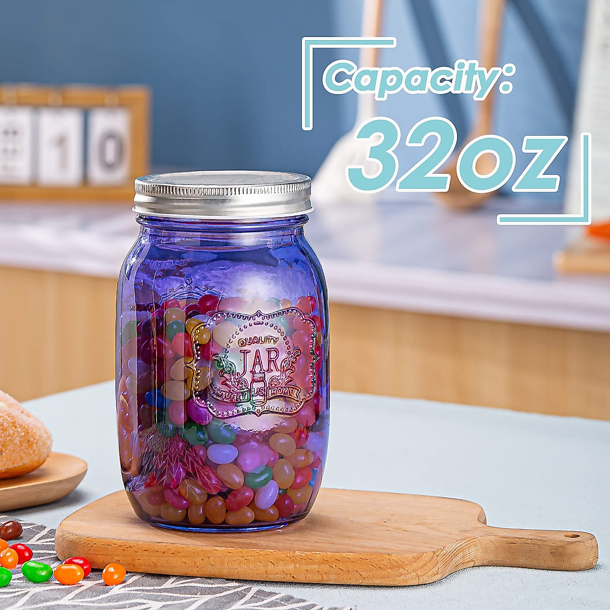 Claplante 6 Pack Mason Jars, 32 oz Regular-Mouth Glass Storage Jar with Metal Airtight Lids, Modern Design Food Storage Container, Kitchen Canisters, Food Storage Canister for Canning (BLUE)