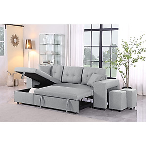 ERYE L-Shaped Reversible Sleeper Sectional Sofa W/Pull Out Couch Bed, Storage Chaise & Niche Shelves for Living Room, Modern Linen Upholstered Sofa&Couch Convertible Sleep Sofabed with 2 Stools