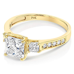 Ioka - 14K Solid Yellow Gold 1.5 Ct. Princess Cut 3 Stone CZ Engagement Ring With Stones in Band - Size 9