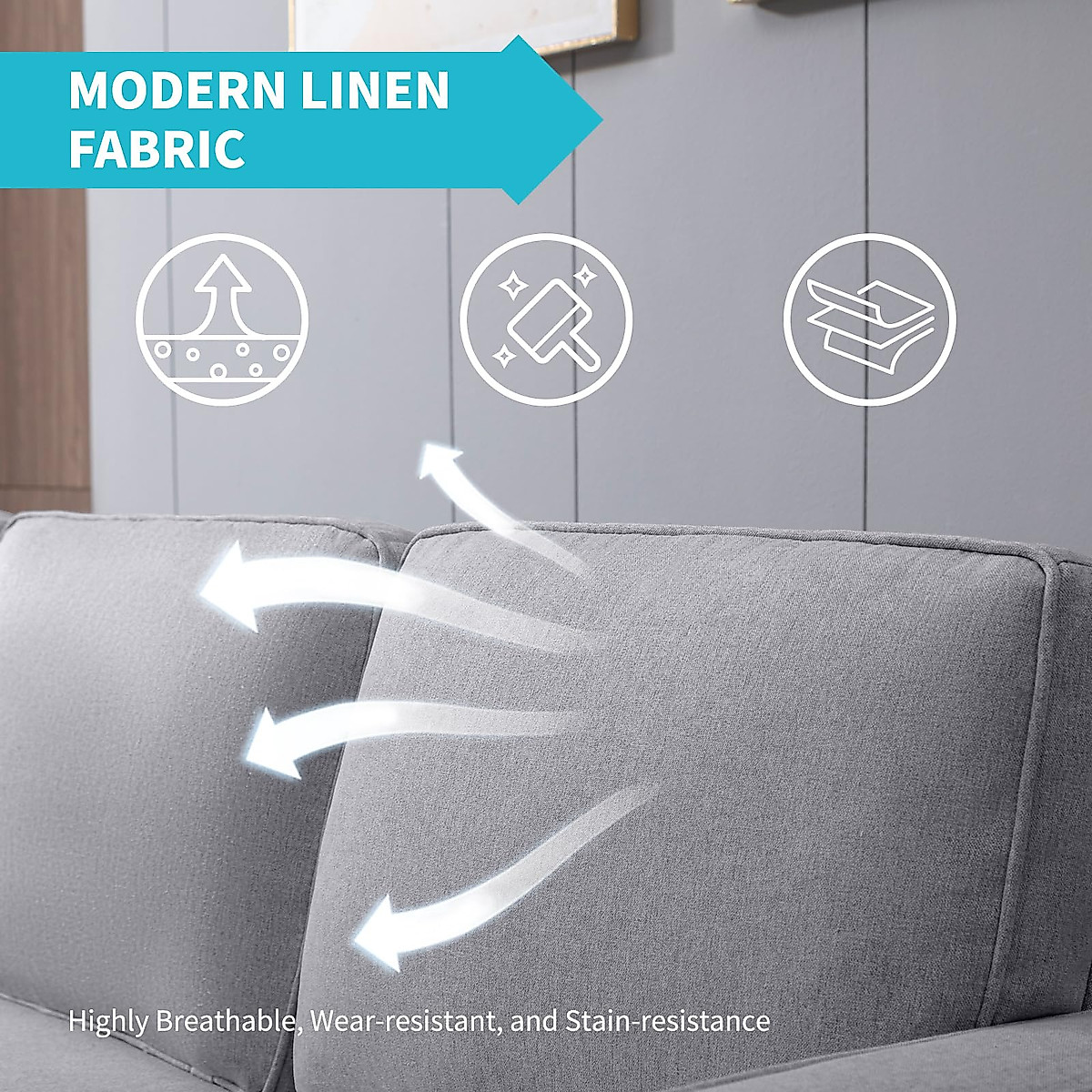 CECER 5 Seaters Upholstered Sectional Sofa, Linen Fabric Sofa Couch with Side Pockets, 3 Seater Couch and Chair with Movable Storage Ottoman, for Living Room-Sofa&Loveseat&Ottoman,Light Grey