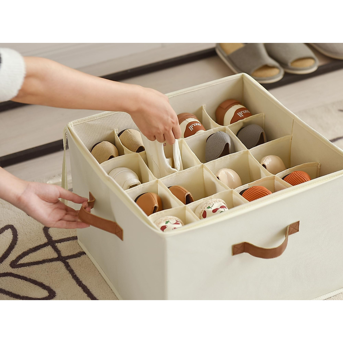 StorageWorks Storage Box for Shoes, Shoe Storage Bin with Handles and Fixed Dividers, Space-Saving Shoe Storage Organizer, Closet Cube Shoe Storage Box, Beige, 1-Pack