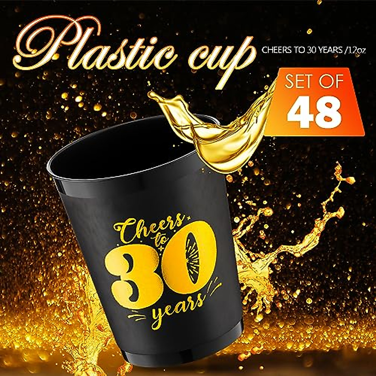 Patelai 48 Pcs Birthday Cups Anniversary Cups, 12 Oz Gold and Black Plastic Cups for Parties, Gold and Black Plastic Stadium Cups for Birthday Decorations Anniversary Wedding Party Favors (30th)