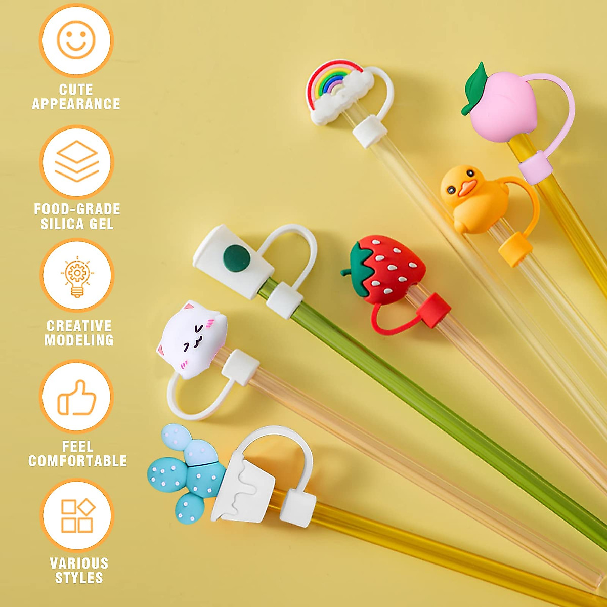 Straw Covers Cap,20PCS Straw Toppers for Tumblers,Reusable Animals Fruit Straw Tips Cover for Outdoor Home Kitchen Party Decor,Duck Dinosaur Sun Silicone Straw Cover