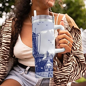 Xiexide 40oz Stainless Steel Gifts Vintage Blue Nederland Dutch Windmill Country Double Walled Vacuum Insulatedith Handle And Straw,Hot & Cold Drinks