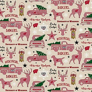 SYKEL ENTERPRISES Wisconsin Badgers Christmas Holiday Design 43 inches Wide 100% Cotton Fabric Sold by Yard