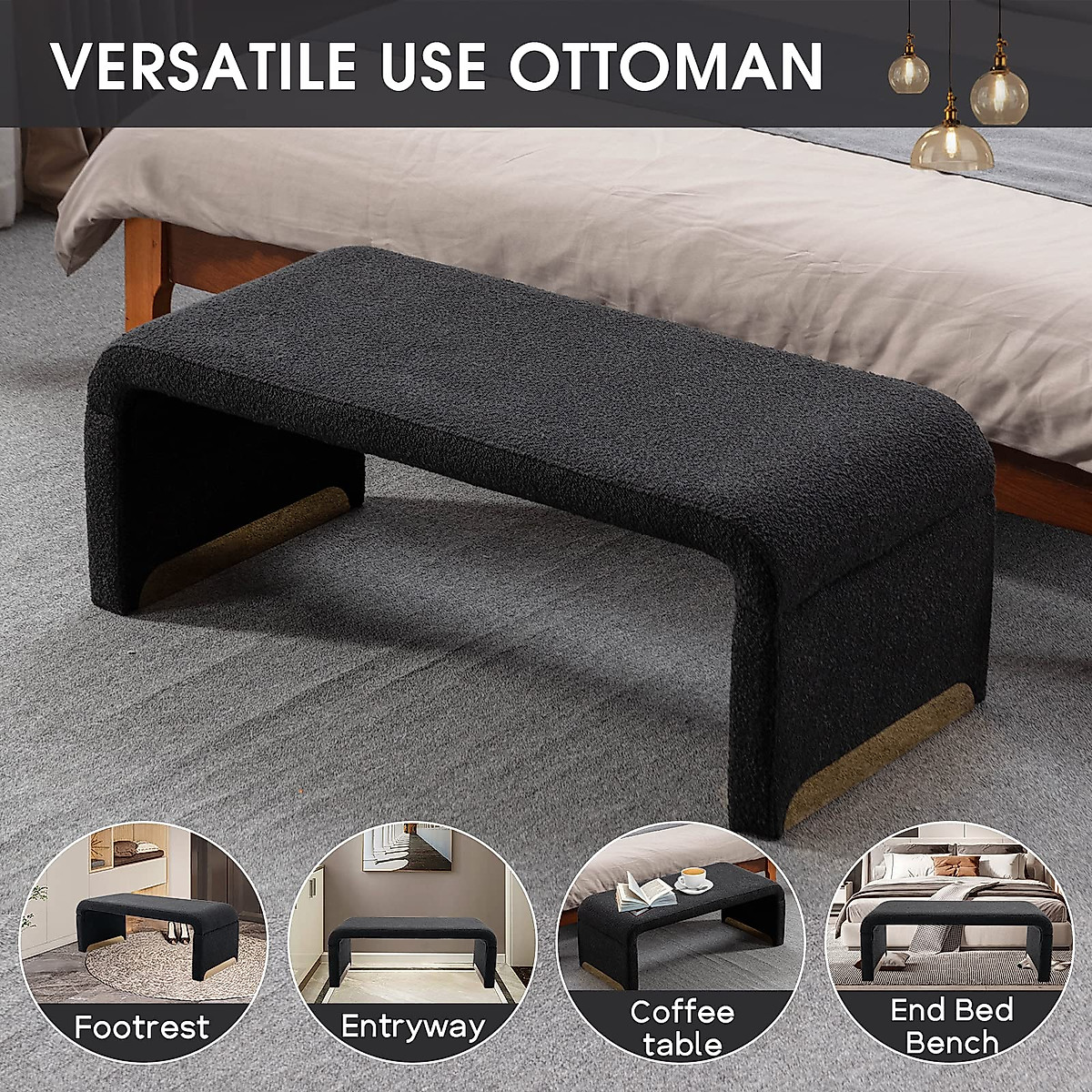 NIOIIKIT 43.3'' Ottoman Bench with Boucle Fabric, Faux Fur End of Bed Bench with Golden Metal Legs, Upholstered Entryway Bench for Living Room, Bedroom, Entryway (Black)