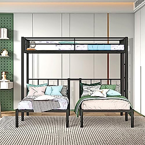 EMKK Triple Bunk Beds with Built-in Ladder, Twin Size Metal Bunkbeds w/Ladders and Full-Length Guardrails for Kids, Boys, Girls, Teens, Divided into 3 Separate Beds,Metal Bunkbed for 3