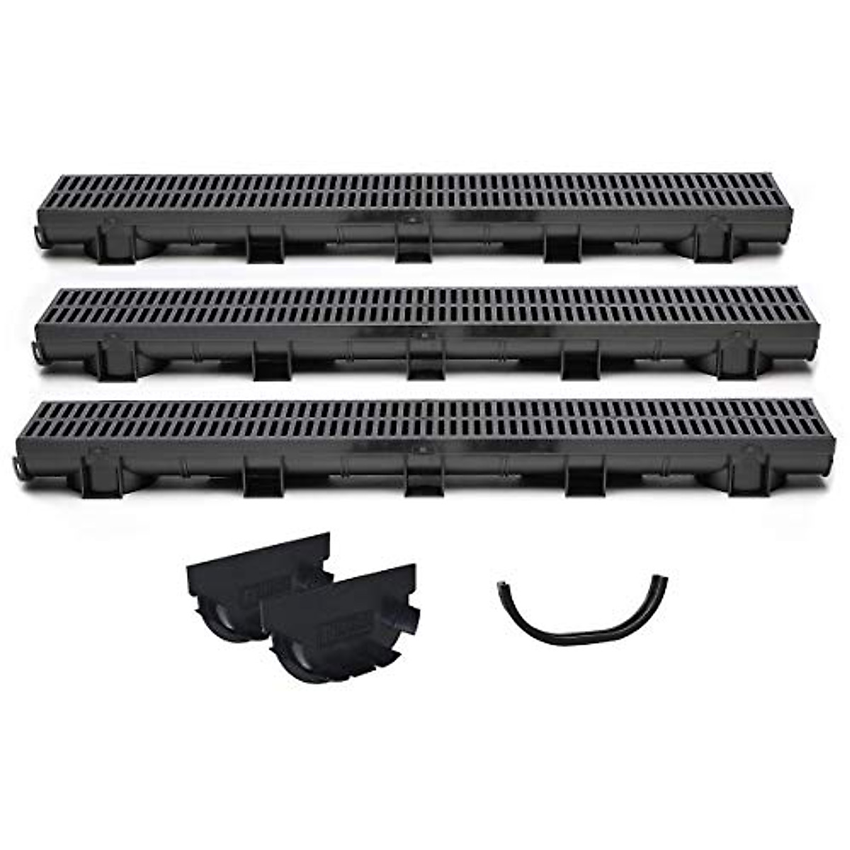 Compact Series 5.4 in. W x 3.15 in. D x 39.4 in. L Trench and Channel Drain with Black Grate 3Pack Kit including 2 End Caps