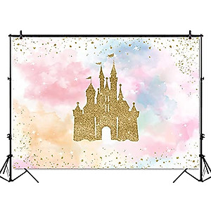 Mocsicka Princess Castle Birthday Backdrop Watercolor Pastel Rainbow Birthday Background Gold Glitter Royal Birthday Party Cake Table Decoration Photo Booth Props (7x5ft)