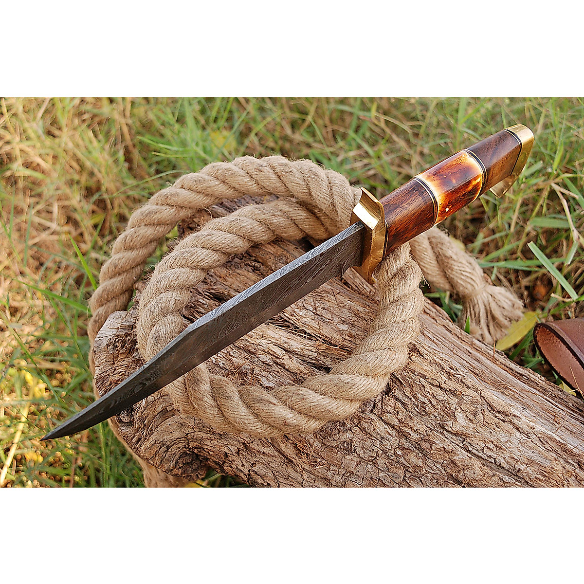 Zaildar Damascus Steel Bowi Knife Custom Handmade Knife Fixed Blade Knife Hunting Knives Survival Knife and Camping Knife with Bone and Rose Wood Handle with Leather Knife Sheath