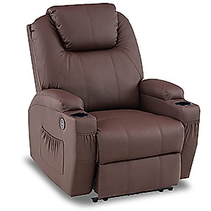 MCombo Electric Power Recliner Chair with Heat and Vibration, Footrest Extended, USB Charge Ports, 2 Side Pockets and Cup Holders, Faux Leather 7050 (Light Brown)
