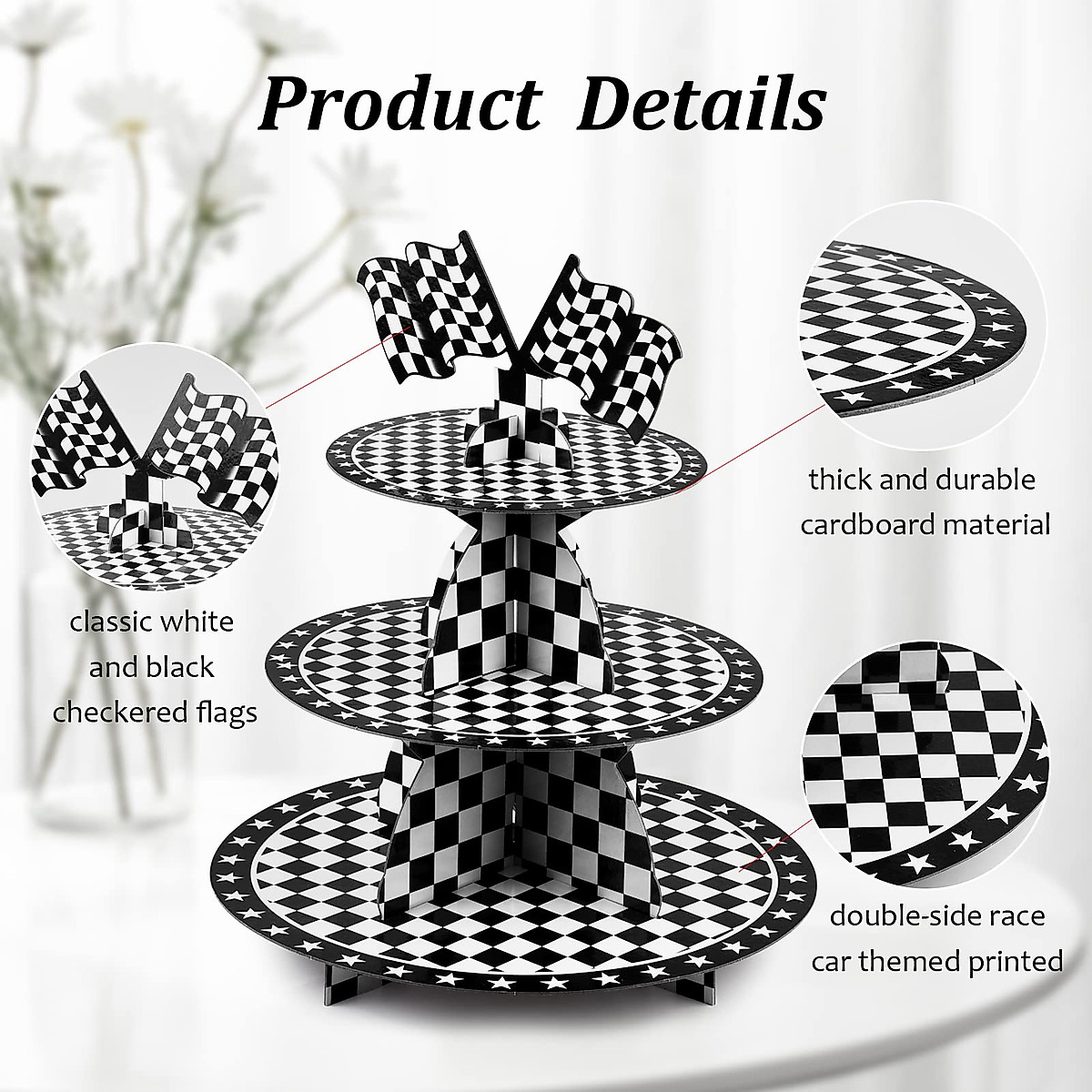 2 Set 3-Tier Race Car Cupcake Stand Round Cardboard Cupcake Tower Race Car Party Decorations Dessert Holder for Kids Boys Two Fast Birthday Baby Shower Black and White Checkered Party Supplies