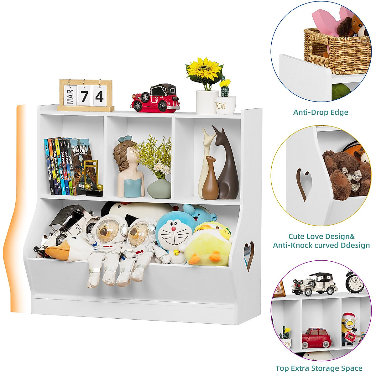 Lerliuo Kids Storage Organizer, Children Small Bookcase and Bookshelf, Toddler 4 Cubby Cabinet, Wood Book Shelf for Playroom, Bedroom, Living Room, Nursery, School (White)