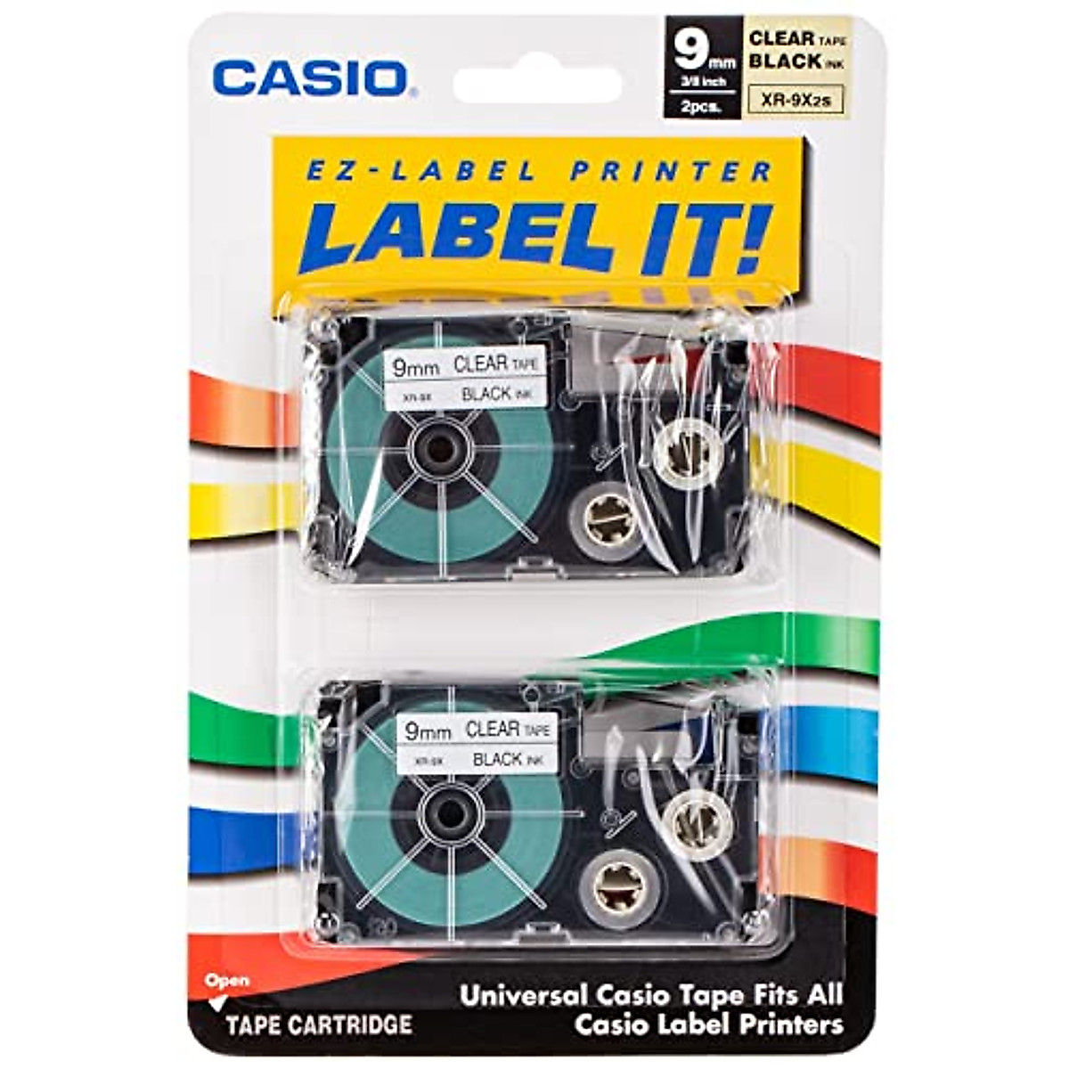 Casio XR-9X2S, 1/4"(9mm) Labelling Tape, Black on Clear, Pack of 2