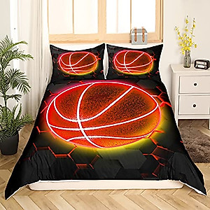 Kids Basketball Duvet Cover Set Boys Neon Red Geometric Honeycomb Hexagon Bedding Set for Teens Men Room Decor Fashion Balls Sport Gaming Comforter Cover Modern Black Quilt Cover 3pcs Queen Size
