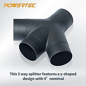 POWERTEC 70275V 3-Way Dust Collection Fitting for 4 in Hose & Cuff, 1 PK,Black