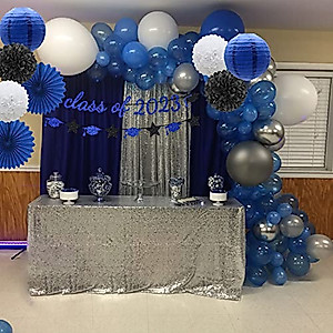 Graduation Party Supplies Glitter Class Of Banner Backdrop Hanging Paper Flowers Pom Poms Decoration Blue