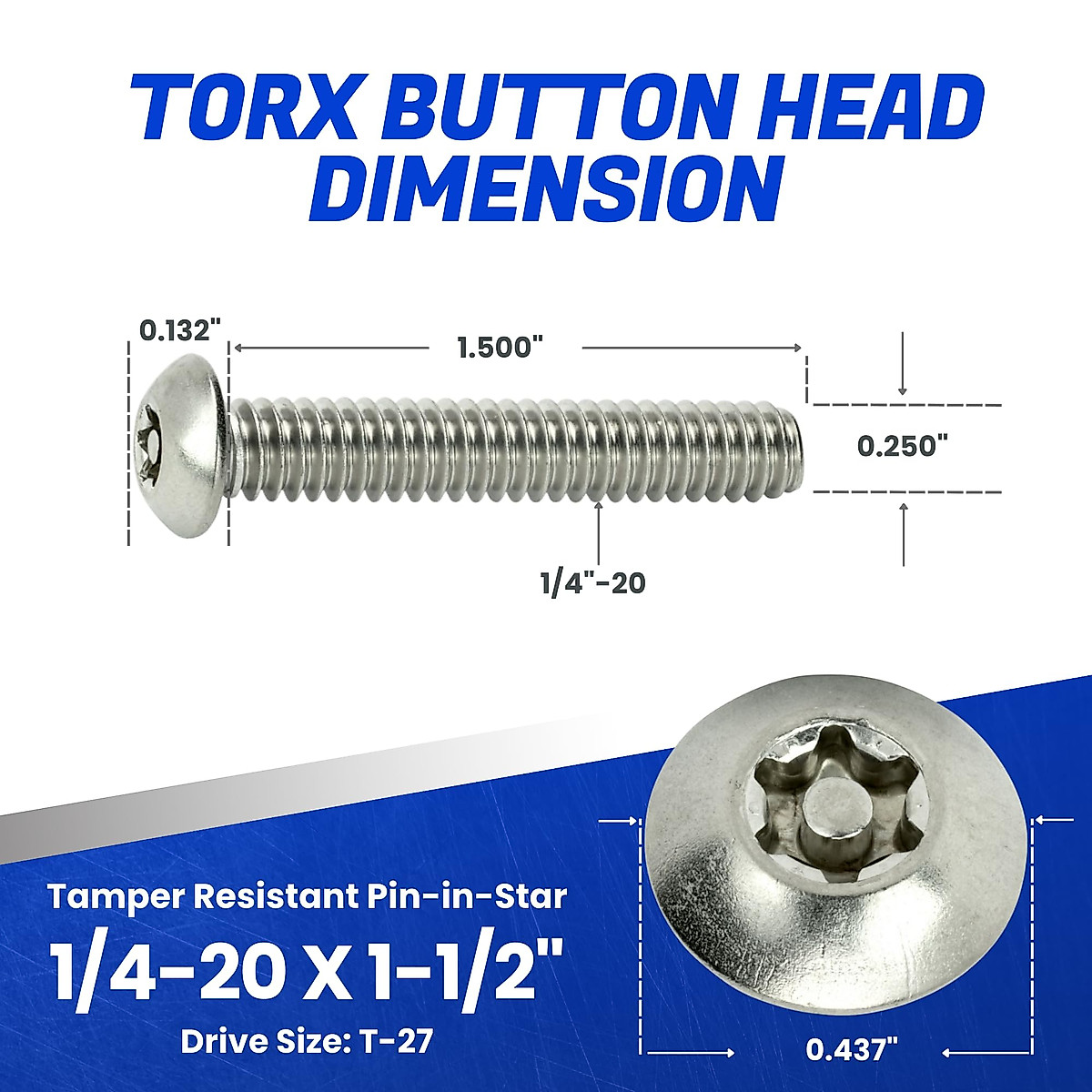 Fastenere Torx Security Machine Screws - 1/4-20 x 1-1/2" (10-Pack) Stainless Steel, Tamper-Resistant, Button Head Screws, Bolt Screw for Higher Level of Safety & Theft Prevention
